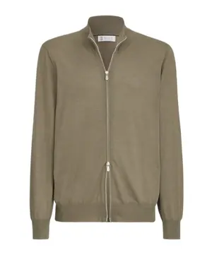 Brunello Cucinelli Cashmere And Silk Lightweight Cardigan With Zipper - Mud