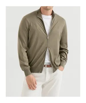 Brunello Cucinelli Cashmere And Silk Lightweight Cardigan With Zipper - Mud