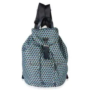Prada Geometric Print Nylon Tessuto Drawstring Logo Backpack - Blue