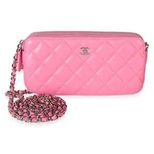 Chanel Quilted Lambskin Double Zip Clutch With Chain - Pink