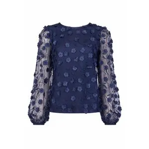 YUMI Sheer Sleeve Applique Flower Top
