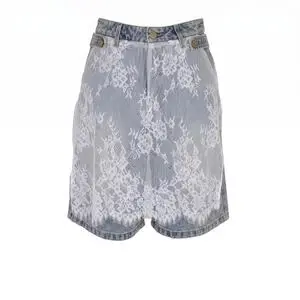 MODENAIRE High Waist Lace Overlay Denim Bermuda Shorts