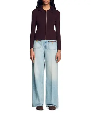Sandro Zora Rosette Collar Zippered Cardigan