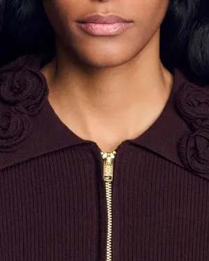 Sandro Zora Rosette Collar Zippered Cardigan