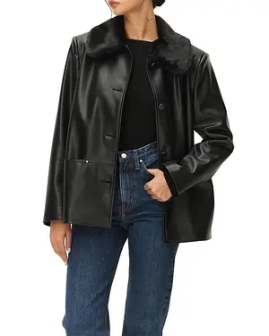 ELODIE THE LABEL Maud Faux Fur Collar Faux Leather Jacket - Black
