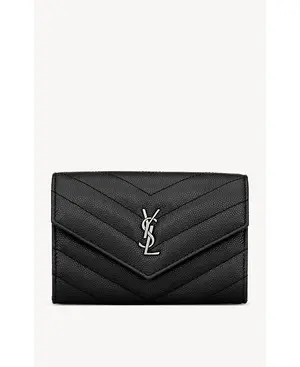 Saint Laurent Cassandre Matelasse Small Envelope Wallet Ingrain De Poudre Leather - Black