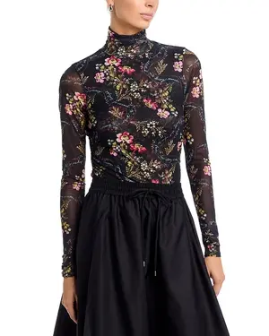 Cinq À Sept Love Letter Shirred Floral Mesh Turtleneck