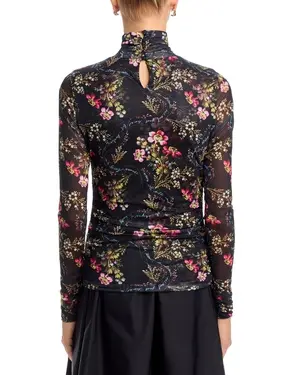 Cinq À Sept Love Letter Shirred Floral Mesh Turtleneck