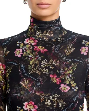 Cinq À Sept Love Letter Shirred Floral Mesh Turtleneck