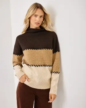 Karen Kane Contrast Stitch Mock Neck Colorblock Sweater - Brown