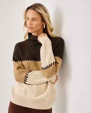 Karen Kane Contrast Stitch Mock Neck Colorblock Sweater - Brown