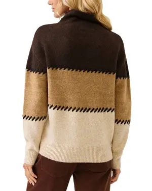 Karen Kane Contrast Stitch Mock Neck Colorblock Sweater - Brown