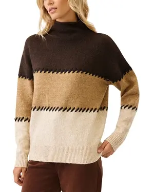 Karen Kane Contrast Stitch Mock Neck Colorblock Sweater - Brown