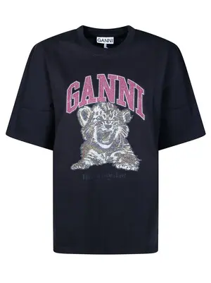GANNI Heavy Cotton T-shirt With Tiger Print - Nero