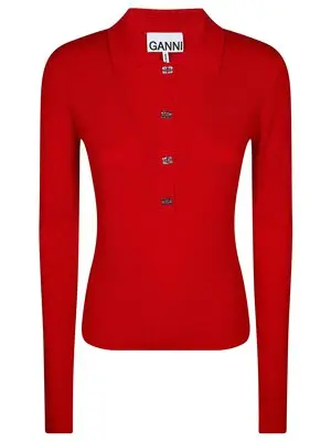GANNI Merino Wool Ribbed Polo