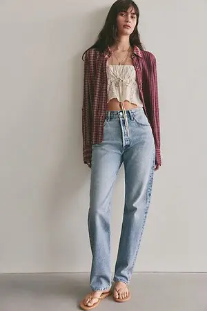 Free People We The Free Benny Slim Plaid Button-down - Rust Red Combo