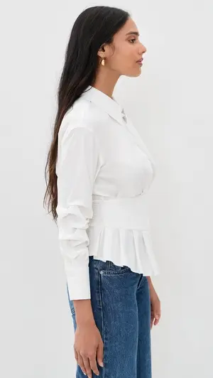 Alice + Olivia Edie Gathered Corset Button Down Top