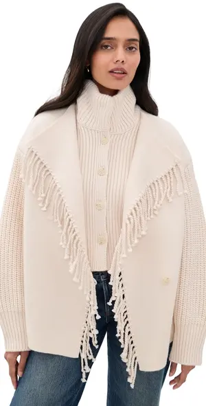 FRAME The Cropped Jacquard Fringe Coat - Ecru