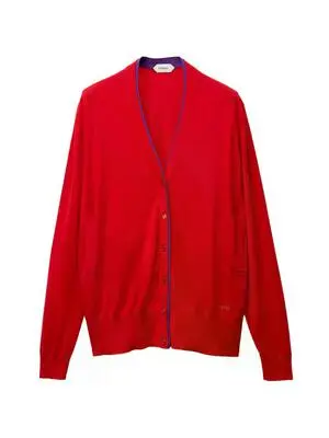 Versace Embroidered Wool Knit Cardigan - Red