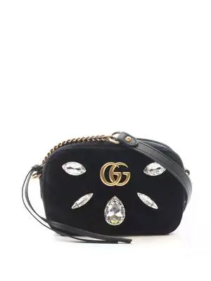 Gucci 2016-2026 Mini Gg Marmont Crystal Embellished Matelasse Velvet Crossbody Bag - Black