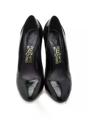 FERRAGAMO Croc-embossed Almond Toe Tiered High-heel Pumps