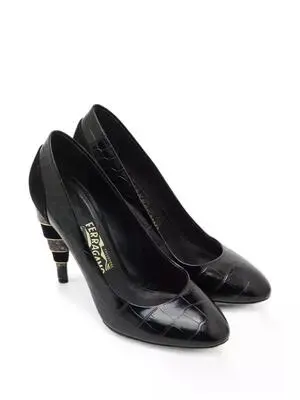 FERRAGAMO Croc-embossed Almond Toe Tiered High-heel Pumps