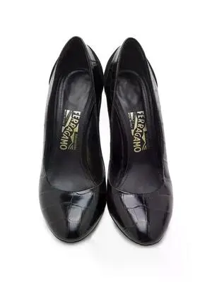FERRAGAMO Croc-embossed Almond Toe Tiered High-heel Pumps