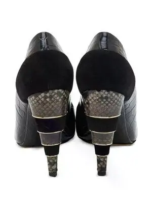 FERRAGAMO Croc-embossed Almond Toe Tiered High-heel Pumps