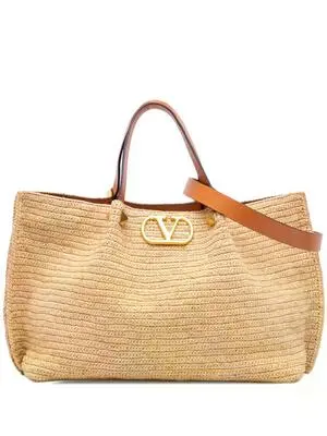 Valentino Garavani 2018-2026 Medium Raffia Vlogo Tote Satchel - Neutrals