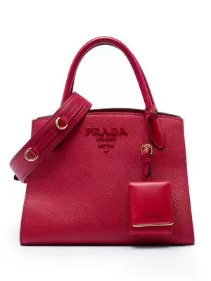 Prada 2013-2026 Small Saffiano Cuir Monochrome Top Handle Tote Satchel - Red