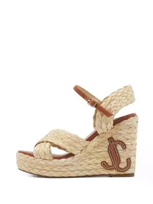 JIMMY CHOO Dellena Braided Raffia Wedge Sandals - Neutrals