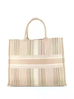 DIOR Christian Dior Book Bayadere Stripe Embroidered Canvas Large Tote Bag