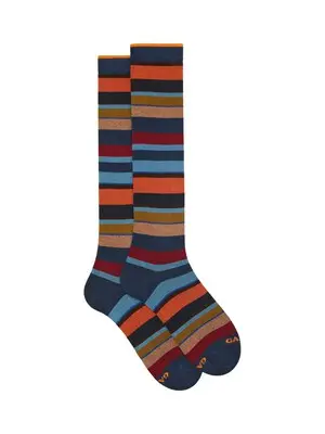 GALLO Long Warm Cotton Socks With Multicoloured Stripes - Blue