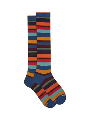 GALLO Long Blue Warm Cotton Socks With Multicoloured Stripes - Multi