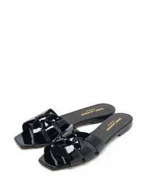 Saint Laurent Tribute Patent Leather Flat Slides - Black