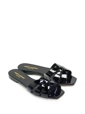 Saint Laurent Tribute Patent Leather Flat Slides - Black
