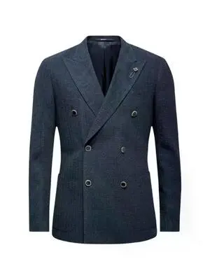 LARDINI Double-breasted Slub-texture Blazer - Blue