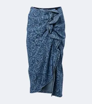 Dries Van Noten Floral Ruffled Denim Midi Skirt - Blue