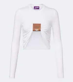 JEAN PAUL GAULTIER Gathered Leather-trimmed Jersey Top - White