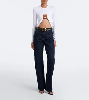 JEAN PAUL GAULTIER Gathered Leather-trimmed Jersey Top