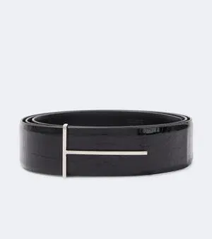 TOM FORD T Croc-effect Patent Leather Belt - Black