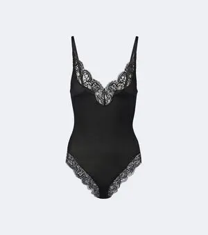 Saint Laurent Lace-trimmed Ribbed-knit Silk Bodysuit