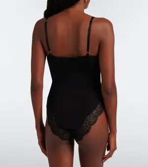 Saint Laurent Lace-trimmed Ribbed-knit Silk Bodysuit