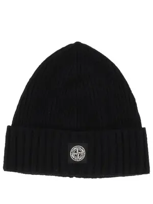 Stone Island Wool Blend Ribbed Beanie - Black