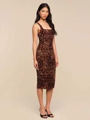 L'Agence Anya Shirred Dress - Tan Multi Javan Leopard