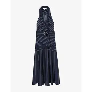 REISS Casey Striped Satin Midi Dress - Navy