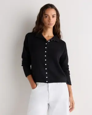 Quince Cotton Cashmere Roll Neck Cardigan Sweater - Black