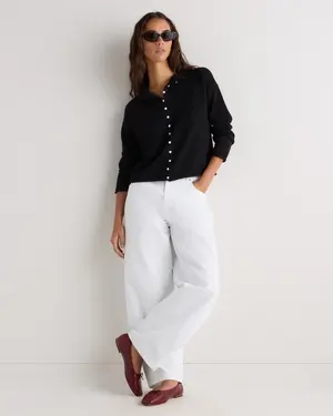 Quince Cotton Cashmere Roll Neck Cardigan Sweater - Black