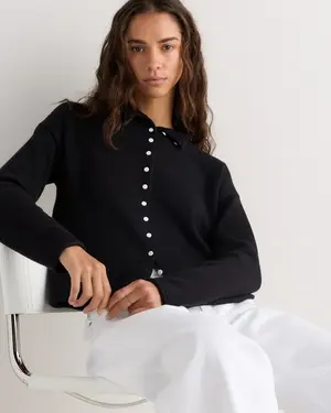 Quince Cotton Cashmere Roll Neck Cardigan Sweater - Black