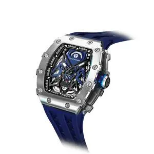 TSAR BOMBA Automatic Mechanical Tonneau Watch With Stainless Steel Case And Silicone Strap - Silver Blue